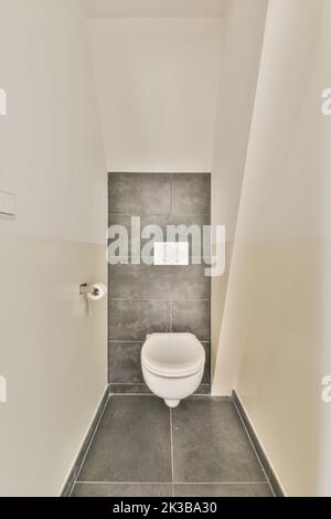 Interior of narrow restroom with wall hung toilet with tile Stock Photo ...