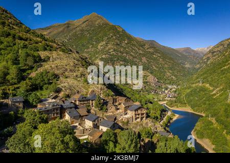 Aerial view of the town of Tavascan and the Cardós valley (Pallars ...