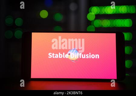 AI logo stable diffusion on the phone screen on the background of the server room. Smartphone ...