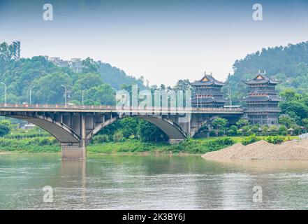 The penthouse at the head of the Min River Bridge in Leshan, Sichuan ...