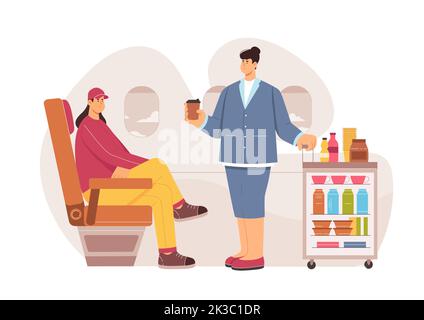 Inflight service, cartoon stewardess serving people passengers on ...