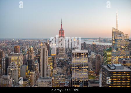 Aerial view at sunsettowards Empire State Building and Manhattan in New ...