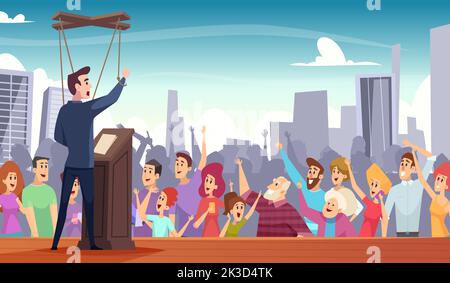 Puppet master hand manipulates a puppet hanging on strings, puppeteer ...