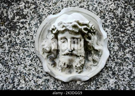 Antique sculpture of face old bearded man surreal collage in pop art ...
