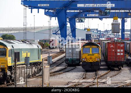 Rail freight marshalling yard port of Felixstowe Suffolk England Stock ...