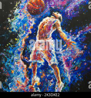 drawing painting of a basketball player dunking as an explosion of a ...