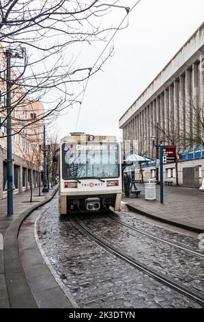 Tri-Met Max train on SW Morrison in Portland, Oregon Stock Photo - Alamy