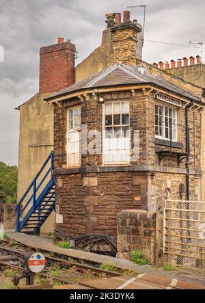 Signal box, crossing gate at Knaresborough Station on the York Leeds ...