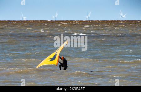 Morecambe, Lancashire, UK. 26th Sep, 2022. Wind surfing on a blustery ...