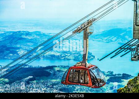 Colorful Cable Car Descending Mount Pilatus Lake Lucerne Distance ...
