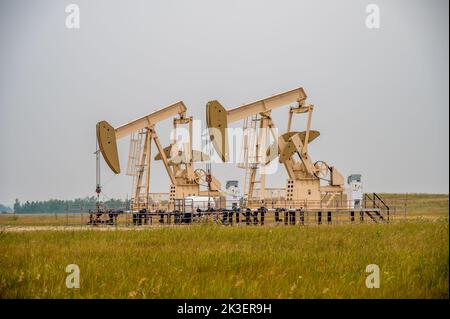Pumpjacks on a cool autumn day in Alberta Stock Photo - Alamy