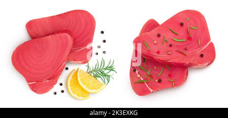 Fresh tuna fish fillet steak with rosemary, lemon and peppercorns ...