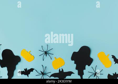 Happy Halloween! Black ghosts, spiders, bats and pumpkins decorations ...