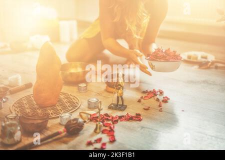 Beautiful altar with rose petals. Cacao ceremony space Stock Photo - Alamy