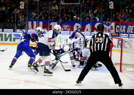 Torpedo Hockey Club player, Ivan Kulbakov (No.35) seen in action during ...