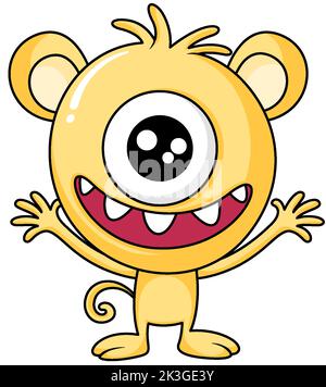 Cute yellow one eyed monster with blue horns smiles, showing teeth ...