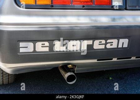 DeLorean sign on bumper of DMC DeLorean vehicle. - California, USA ...