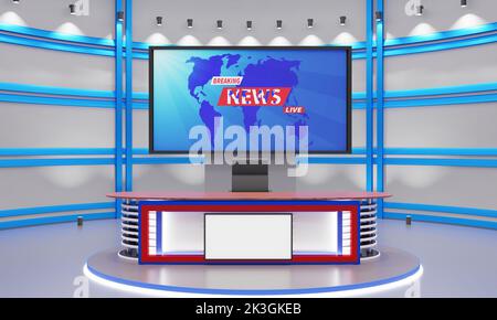 wood table and lcd background in the news studio room.3d rendering ...