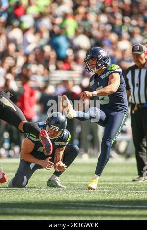Seattle Seahawks kicker Jason Myers (5) attempts a kick against the ...