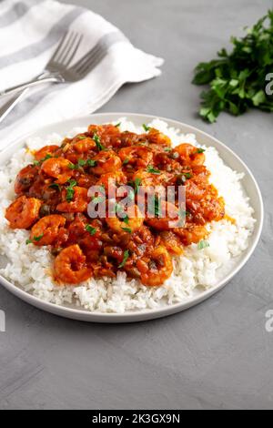 Homemade Cuban Shrimp Creole on a Plate, top view. Overhead, from above ...