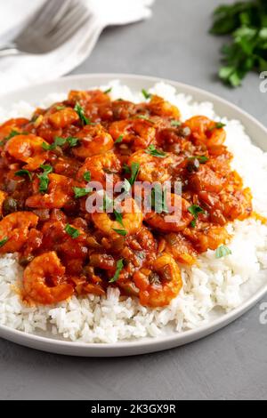 Homemade Cuban Shrimp Creole on a Plate on a gray surface, side view ...