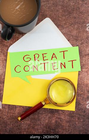 Text showing inspiration Great Content. Business overview Satisfaction ...