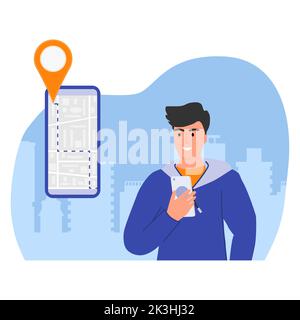 Vector illustration Man using maps app on cell phone. Male trying to ...