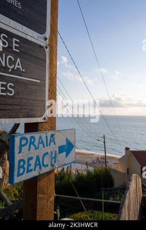 Pataias, Portugal. 14th Aug, 2022. A sign with the inscription "Praia ...
