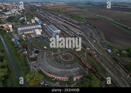 Railway turntable for locomotives aerial panorama landscape view ...