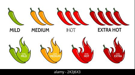 Hot pepper labels. Chilli peppers sticker, flaming eating sauce. Menu ...