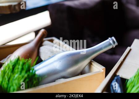 Closeup of two wine corks and and antique corkscrew with strong side ...