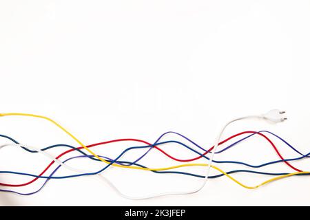 Bundle of colorful wires and cables closeup, used in telecommunication ...