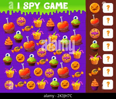 Halloween I spy game worksheet of holiday sweets, candies and cobweb ...