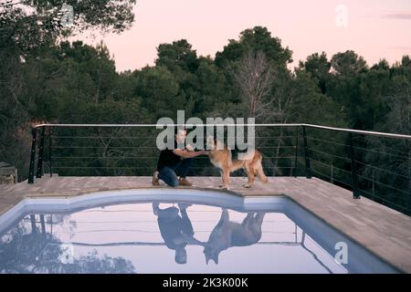 Mesmerizing shot of a young male playing with a german shepherd near ...