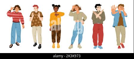 Body language, negative emotions concept. Characters show refuse, denial, no, ignore or stop ...