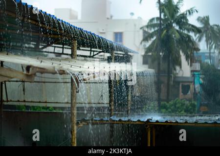 Rain on a Tin Roof. Rain Falling from the Roof. Rainy day nature ...