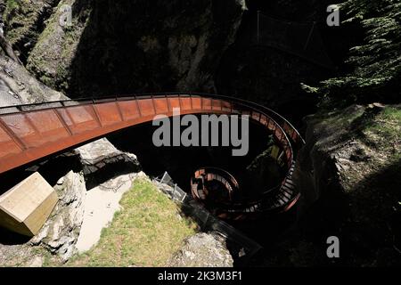 Metal spiral staircase in Liechtensteinklamm or Liechtenstein Gorge ...