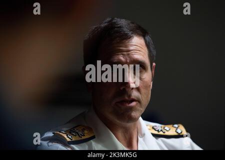 Vice-Admiral Angus Topshee speaks with a reporter during an interview ...