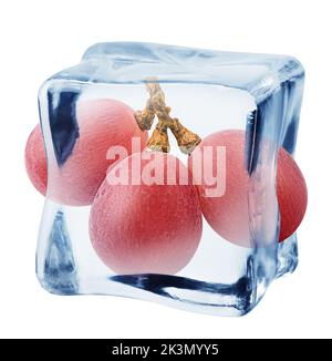 Red grape in ice cube, isolated on white background, clipping path ...