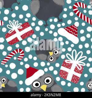 Cartoon owl seamless Christmas gifts box and candy and Santa hat ...