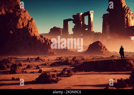 A futuristic view to otherworldly desert planet exploration Stock Photo ...