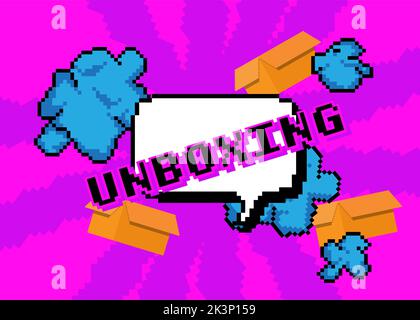 Unboxing. Pixelated word with geometric graphic background. Vector ...