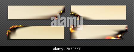 Burning rectangle paper sheets. Old notes or stickers with fire ...