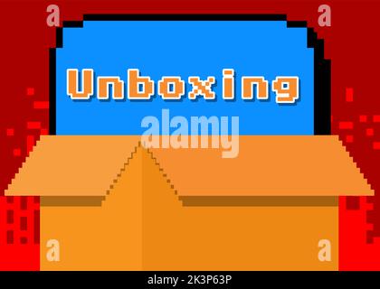 Unboxing. Pixelated word with geometric graphic background. Vector ...