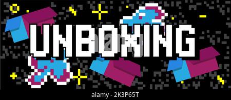 Unboxing. Pixelated word with geometric graphic background. Vector ...