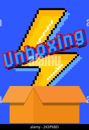 Unboxing. Pixelated word with geometric graphic background. Vector ...