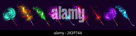 Magic wands with light vfx effect, wizard or witch sticks with glow and ...