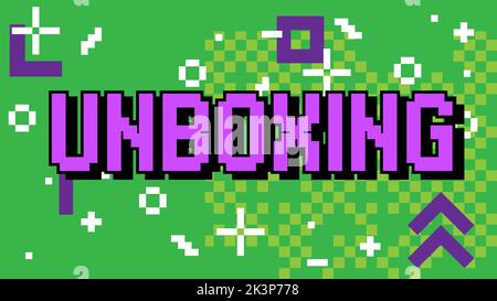 Unboxing. Pixelated word with geometric graphic background. Vector ...