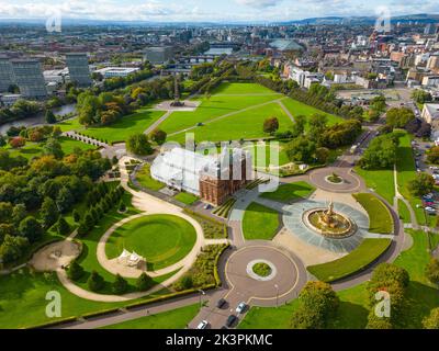 Aerial view of Peoples Palace and Winter Gardens on Glasgow Green park ...