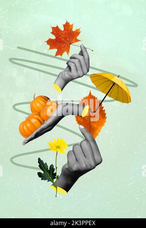 Composite collage picture of human arms hold two people dancing vinyl ...